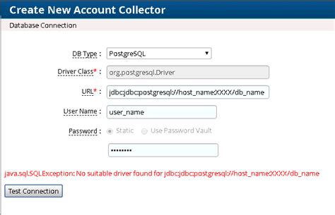 No Suitable Driver Found When Testing A Postgresql Database Collector