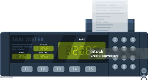 택시 미터 장치 택시 자동차의 승객 요금 계산 장비 화면 벡터 일러스트레이션에 버튼과 가격이있는 전자 측정 기기 독일에 대한