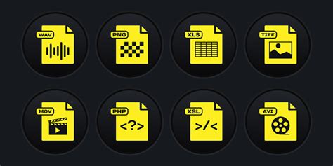 Set Mov File Document Tiff Php Xsl Xls Png Avi And Wav Icon Vector Stock Illustration Download
