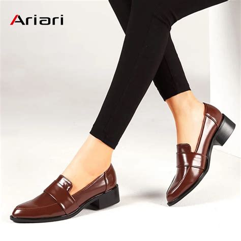 Black Genuine Leather Womens Dress Shoes Oxford Flats Slip On Loafers
