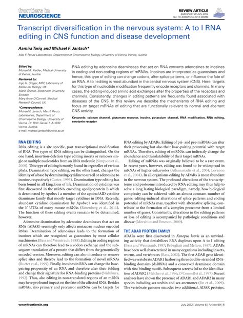 Pdf Transcript Diversification In The Nervous System A To I Rna Editing In Cns Function And