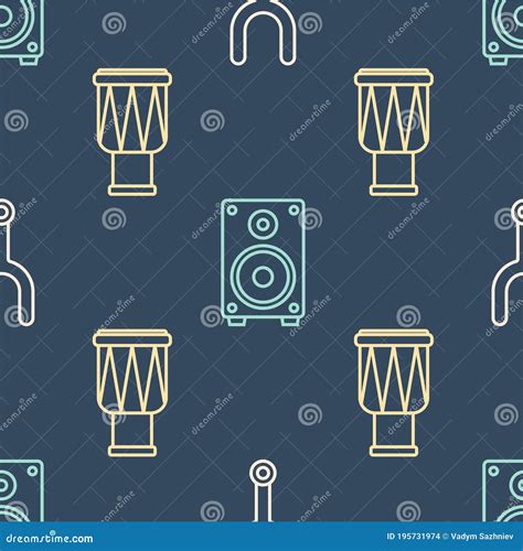 Set Line Musical Tuning Fork Drum And Stereo Speaker On Seamless Pattern Vector Stock Vector