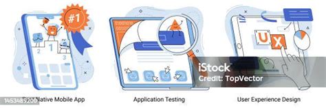 최고의 네이티브 모바일 앱 애플리케이션 테스트 사용자 경험 디자인 소프트웨어 개발 개념 개념에 대한 스톡 벡터 아트 및 기타