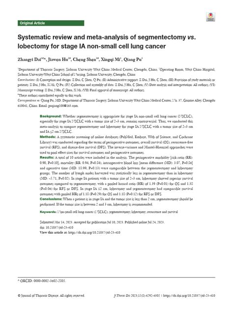 Systematic Review And Meta Analysis Of Segmentectomy Vs Lobectomy For Stage Ia Non Small Cell