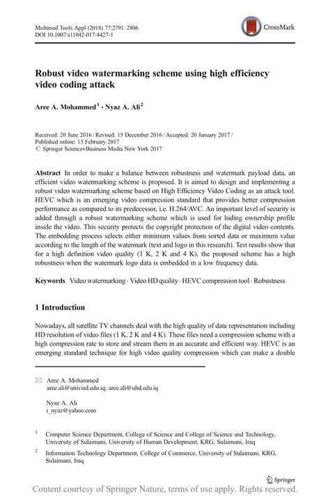Robust Video Watermarking Scheme Using High Efficiency Video Coding Attack Request Pdf