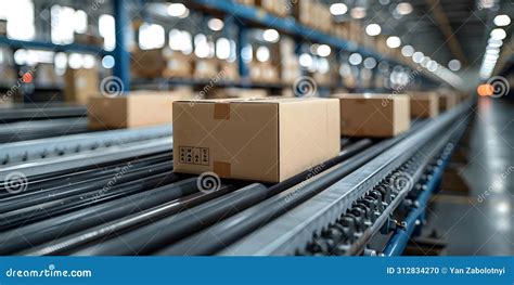 A Warehouse Conveyor Belt System In Operation Sorting Packages Efficiently Concept Warehouse