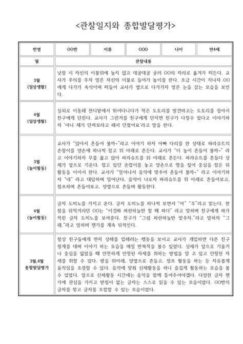 1년 만4세 6세 유아 관찰일지 놀이와 일상 관찰일지 및 발달평가 30page분량 인문교육