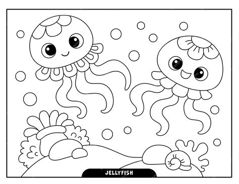 아이들을 위한 해파리 만화 색칠 공부 페이지 프리미엄 벡터