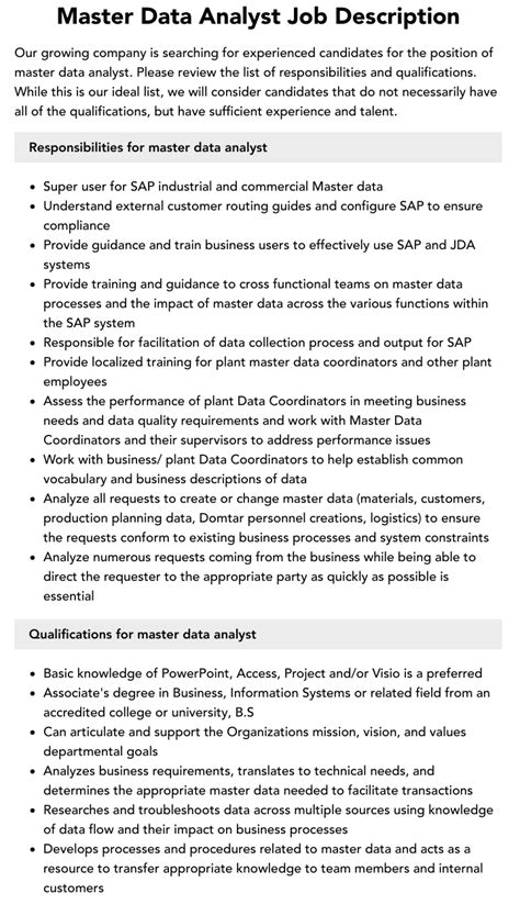 Master Data Analyst Job Description Velvet Jobs