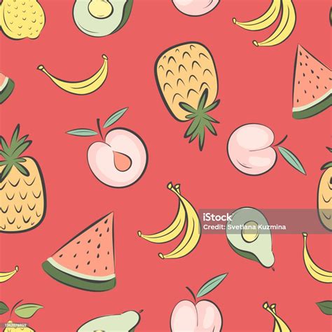 과일 믹스와 밝은 트렌디 한 매끄러운 패턴 노란색 파인애플 복숭아 바나나 수박 슬라이스 낙서 스타일의 일러스트레이션 낙서 드로잉에 대한 스톡 벡터 아트 및 기타 이미지