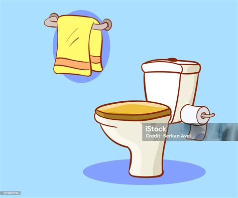 흰색 도자기 변기 화장지 화장실 브러쉬 현대 화장실 평면 스타일에서 설정합니다 벡터 일러스트 레이 션 낙서 드로잉에 대한 스톡 벡터 아트 및 기타 이미지 Istock