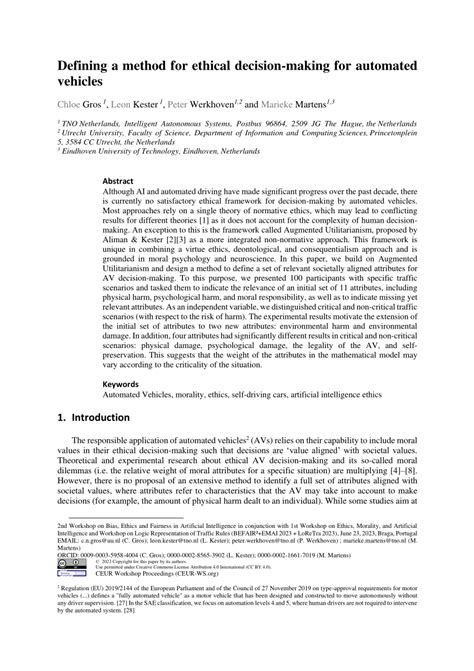 Pdf Defining A Method For Ethical Decision Making For Automated Vehicles