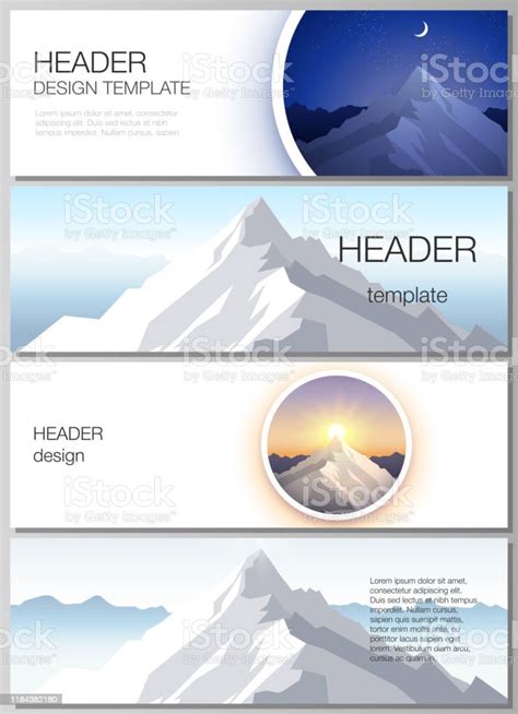 헤더 배너 디자인 템플릿의 편집 가능한 레이아웃의 최소 벡터 그림 마운틴 일러스트 아웃도어 어드벤처 여행 개념 배경입니다 플랫 디자인 벡터입니다 개념에 대한 스톡 벡터 아트