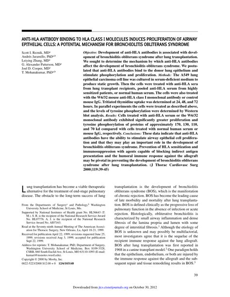 Pdf Anti Hla Antibody Binding To Hla Class I Molecules Induces Proliferation Of Airway