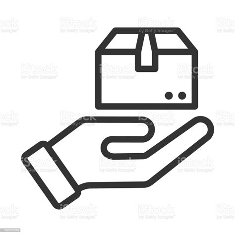 흰색 배경에 격리 된 손에 상자 개요 벡터 아이콘입니다 웹 디자인 및 모바일 앱 Ui를 위한 배송 및 택배 라인 벡터