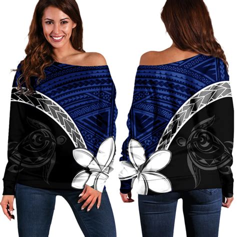 Hawaiian Turtle Plumeria Kakau Off Shoulder Sweater Polynesian Pattern Lt9