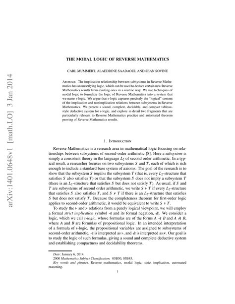 Pdf The Modal Logic Of Reverse Mathematics