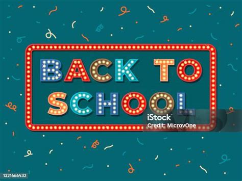 학교 복고풍 배너로 돌아갑니다 재미있는 교육 전단지 재시작 연구 표지판 클래스에 오신 것을 환영합니다 빈티지 조명 전구 프레임 타이포그래피 최근 벡터 포스터 0명에 대한