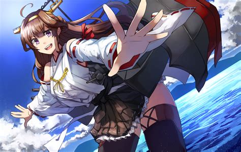 Safebooru 1girl Ahoge Ashiwara Yuu Black Legwear Brown Hair Clouds
