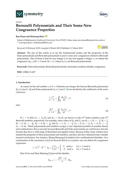 Pdf Bernoulli Polynomials And Their Some New Congruence Properties