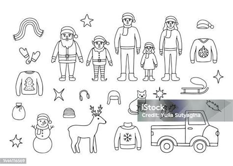 크리스마스 캐릭터 산타 클로스 작은 엘프 눈사람과 사슴 캐릭터 가족 겨울 옷 자동차 낙서 라인 스타일 겨울 휴가철에 손으로 그린 전통적인 캐릭터 벡터 가족에 대한 스톡 벡터