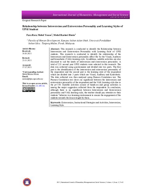 Pdf Relationship Between Introversion And Extroversion Personality And Learning Styles Of Upsi