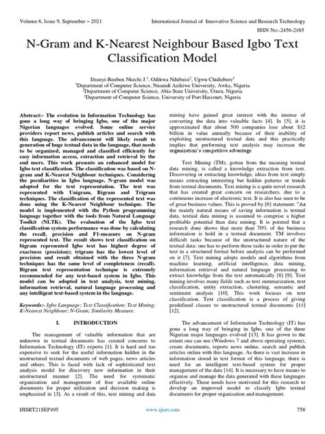 N Gram And K Nearest Neighbour Based Igbo Text Classification Model Pdf Statistical