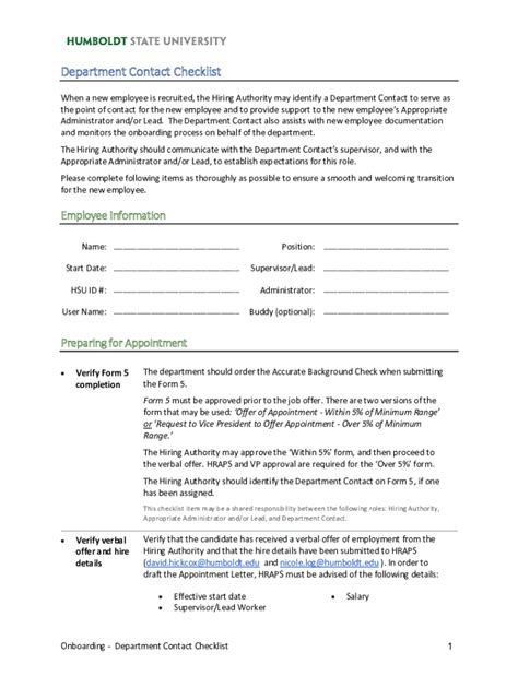 Fillable Online Department Contact Checklist Hsu Forms Fax Email Print Pdffiller