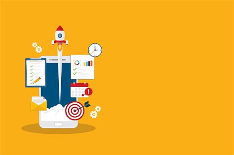 응용 프로그램 실행입니다 시작 벡터 개념 평면 만화 로켓 이나 우주선 발사 휴대폰 또는 스마트폰 성공적인 비즈니스 프로젝트 시작 기술 부스트 혁신의 아이디어 0명에 대한