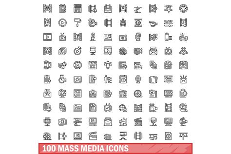 100 Mass Media Icons Set Outline Style Graphic By Ylivdesign