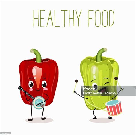 피망 만화 캐릭터가 밴조와 드럼 건강 식품 재료 어린이 디자인을 연주하는 벡터 그림 가공의 인물에 대한 스톡 벡터 아트 및 기타