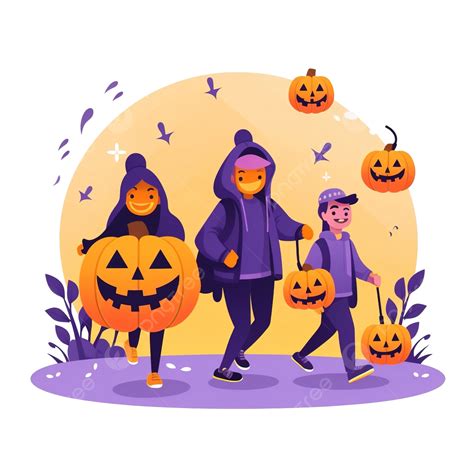 Personas En Disfraces De Halloween Llevando Calabazas Celebran El Evento De La Noche De