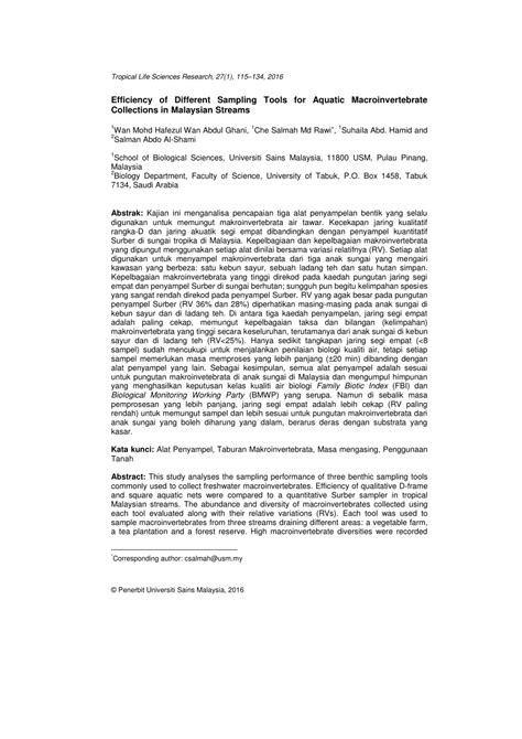 Pdf Efficiency Of Different Sampling Tools For Aquatic Macroinvertebrate Collections In