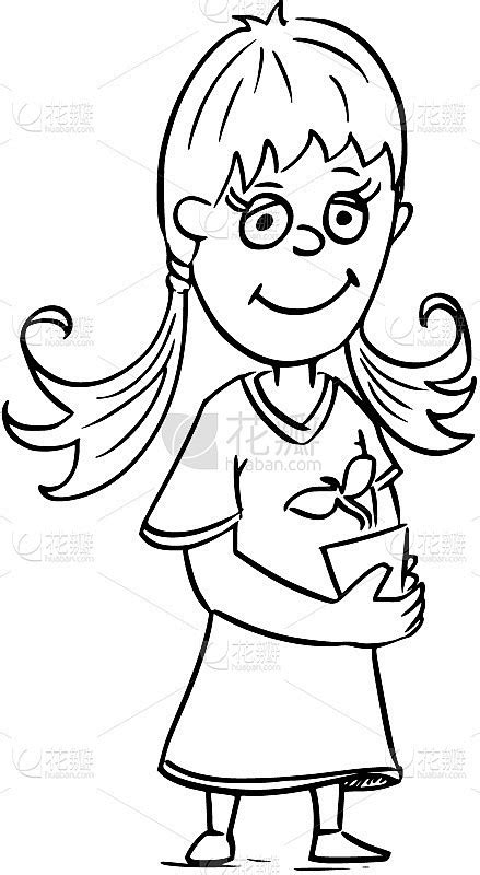 拿着花盆的女孩的卡通插画