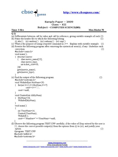 Sample Paper 2009 Class Xii Subject Computer Science 083 Time