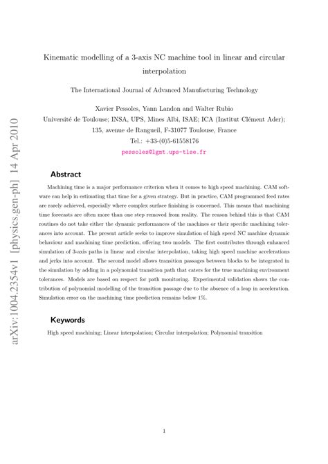 Pdf Kinematic Modelling Of A 3 Axis Nc Machine Tool In Linear And Circular Interpolation