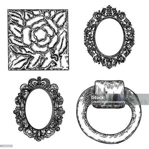 스카프 인쇄 또는 직물 디자인을위한 아름다운 손으로 그린 바로크 양식의 요소 또는 빈티지 패치 세트 장식용 대리석 석재 건축 요소 꽃 스타일 벡터 3차원 형태에 대한 스톡