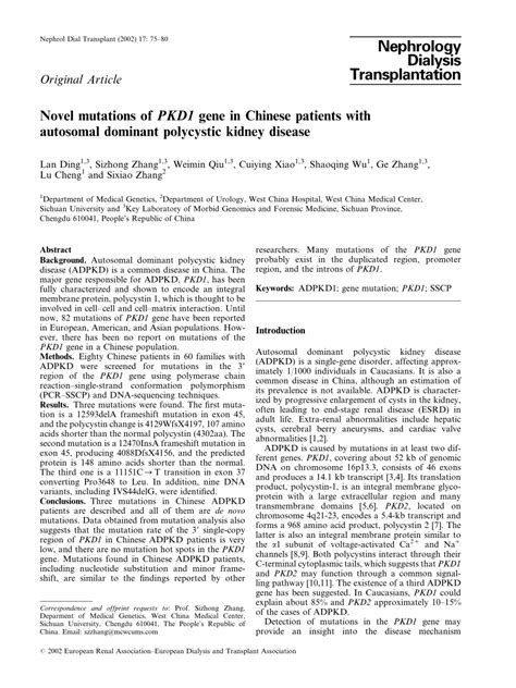 Pdf Novel Mutations Of Pkd1 Gene In Chinese Patients With Autosomal