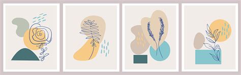 창조적 인 포스터 세트 파스텔 색상의 현대 추상적 배경 최소한의 기하학적 모양 식물 식물 과 꽃 요소 라인 아트 소셜 미디어 마케팅 세련된 프린트 를위한 디자인 가리기에