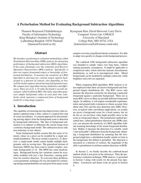 Pdf A Perturbation Method For Evaluating Background Subtraction Algorithms