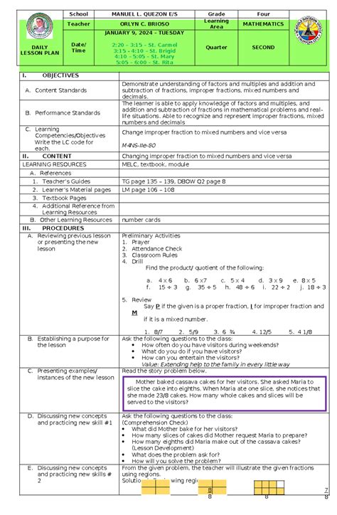 Math4 Q2 W1 Lesson 8 Lesson Plan In Mathematics 4 I Objectives A Content Standards