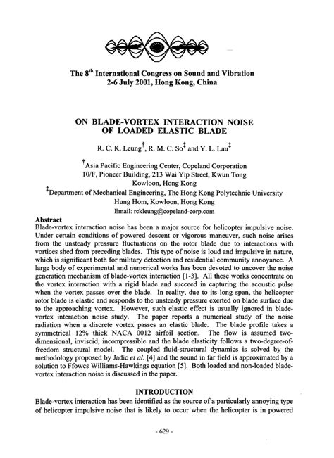 Pdf On Blade Vortex Interaction Noise Of Loaded Elastic Blade