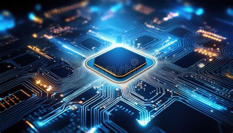 Advanced Nanotech Microchip Embedded In Circuit Board With Glowing Molecular Structures For