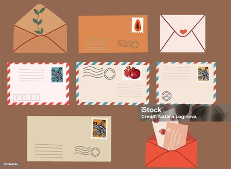 엽서와 봉투 세트 손으로 그린 엽서와 우표가 찍힌 봉투 사랑과 우정 편지 디자인의 현대 컬렉션 Vector Illustrations For Web 와 인쇄물 개체 그룹에