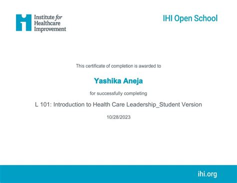 Yashika A On Linkedin I Have Completed My Certification In Introduction To Healthcare Leadership