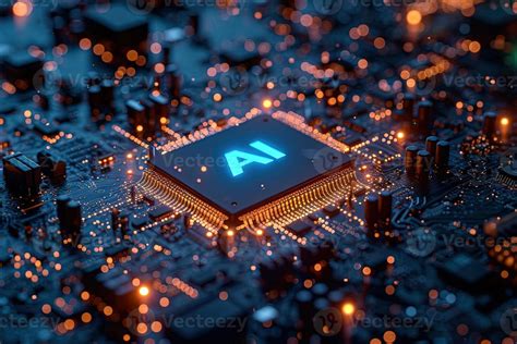 Ai Generated Microchip With Ai Logo Text Irradiating Pulse Of Blue Energy To Other Circuits