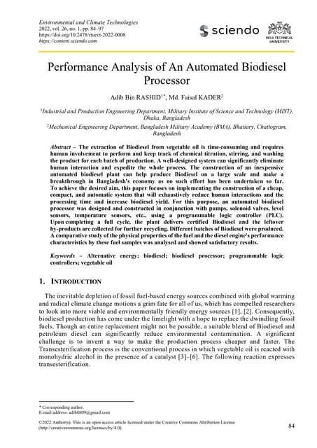 Performance Analysis Of An Automated Biodiesel Processor Pdf