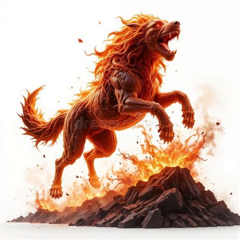 Fiery Mythical Wolf Leaping From Smoldering Jagged Rocks Stock