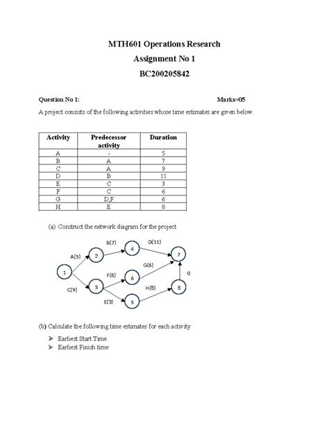 Assignment 01 MTH601 Operations Research Assignment No 1 BC Question