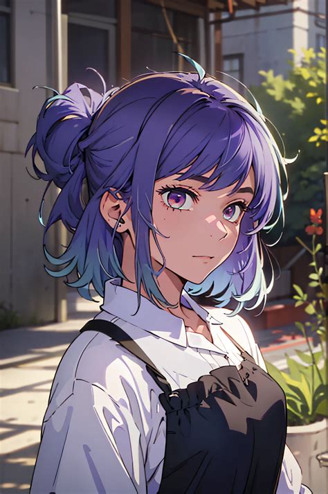 건물 앞에 서 있는 파란 머리와 보라색 눈을 가진 애니메이션 소녀 Seaart Ai 건물 앞에 서 있는 파란 머리와 보라색 눈을 가진 애니메이션 소녀 Seaart Ai